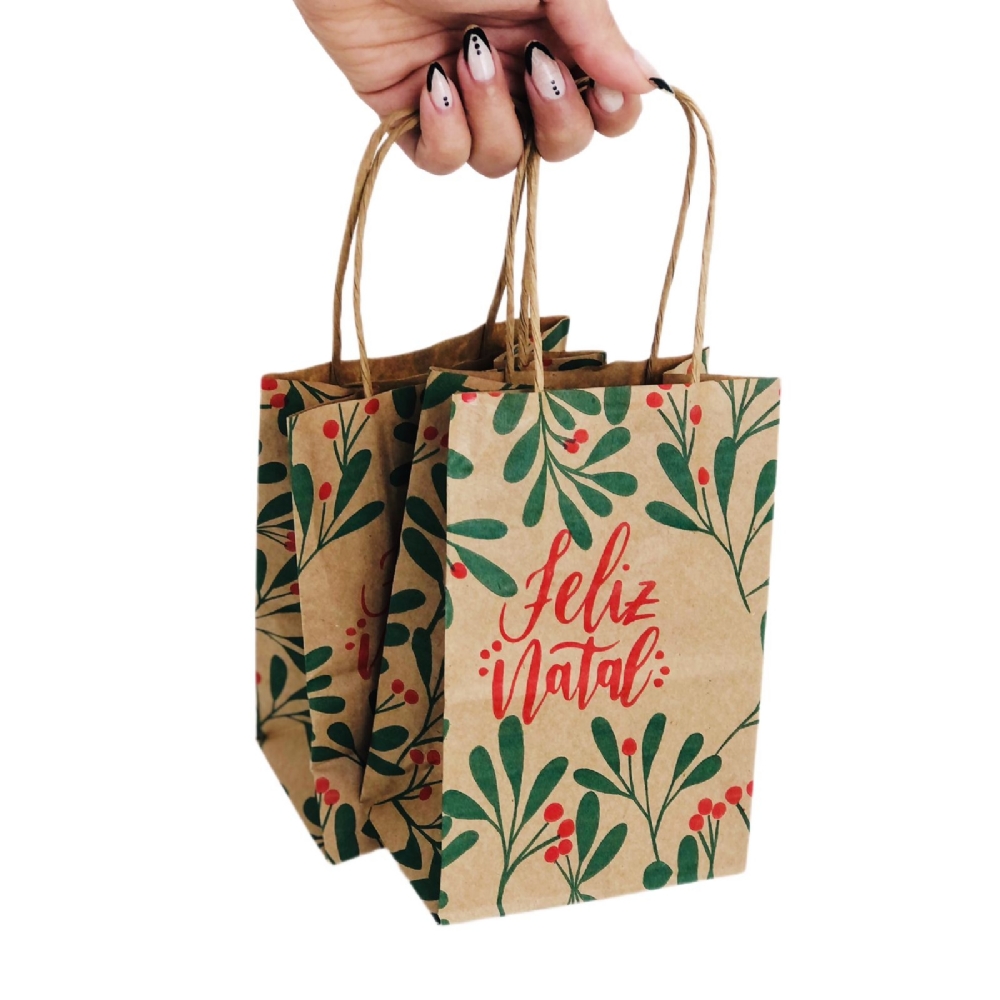 Sacola Kraft (12 x 8 x 18 cm) Folhas de Natal - 100 unidades